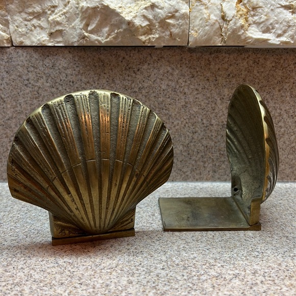 Pier 1 | Accents | 97s Gold Brass Clam Shell Book Ends Mollusk Coastal ...